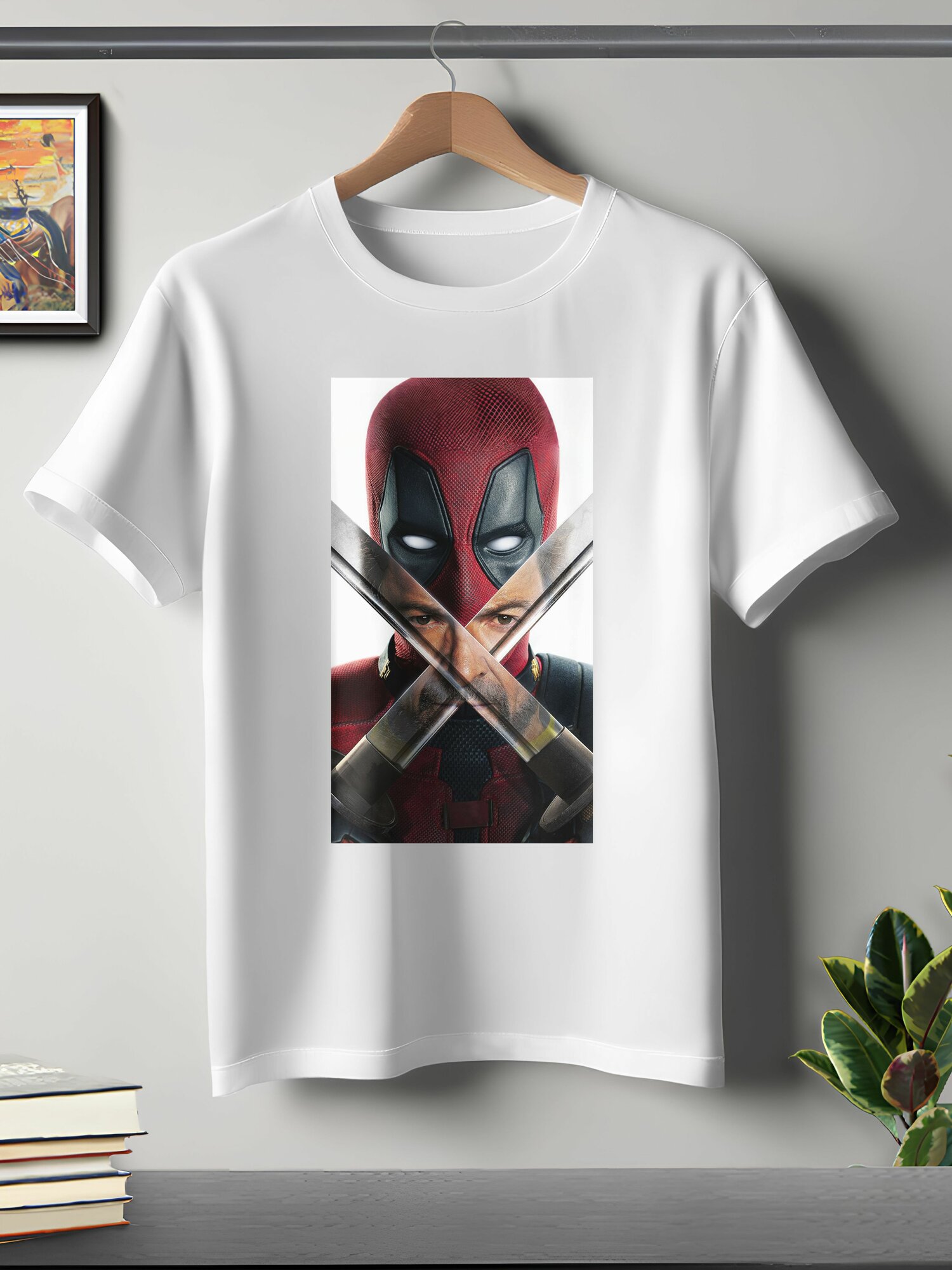 Футболка ONEQ унисекс 50-52 (XL) размер с принтом Дэдпул и Россомаха, белая