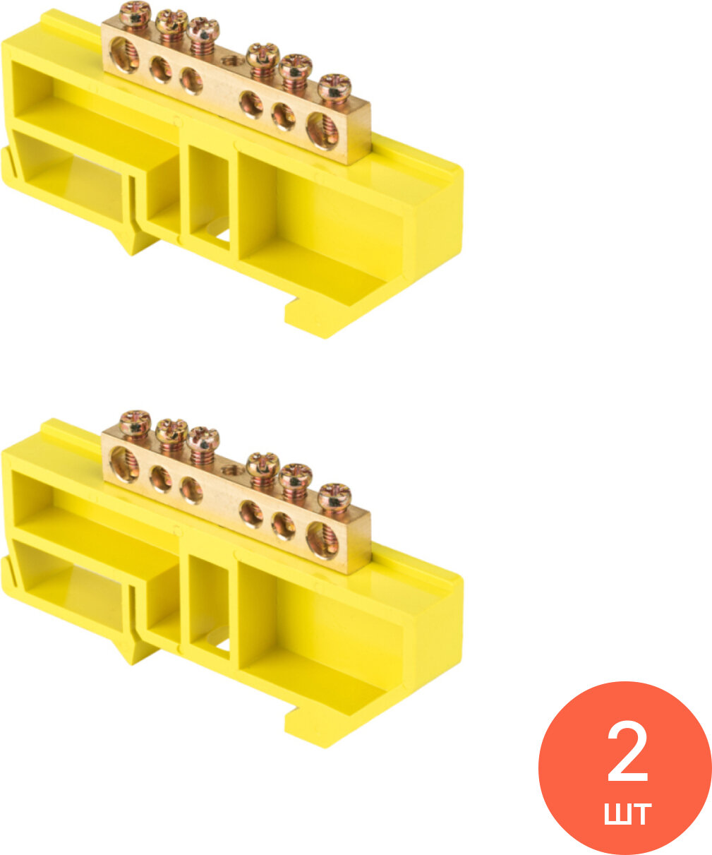 Шина EKF / ЕКФ PROxima N нулевая желтый изолятор, контактная группа качественная латунь, винты никелированная сталь, 6х9х45мм, DIN-рейка, 1×6 100А, sn0-63-06-dz / соединитель проводов (комплект из 2 шт)