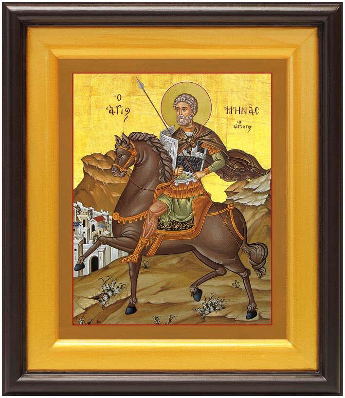 Великомученик Мина Котуанский (Фригийский), икона в широком деревянном киоте 21,5*25 см
