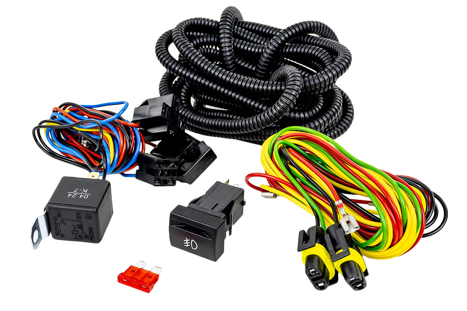 Комплект проводки подключения ПТФ в гофре, кнопка с зеленой подсветкой ML на Лада Калина 2, Гранта, Datsun