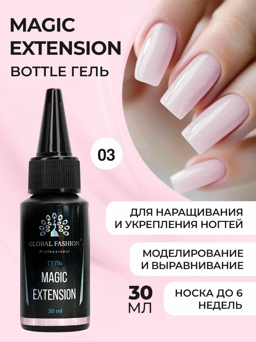 Global Fashion Камуфлирующий жидкий трёхфазный гель для наращивания и укрепления ногтей Magic Extension, 30 мл / №03 розовый жемчуг