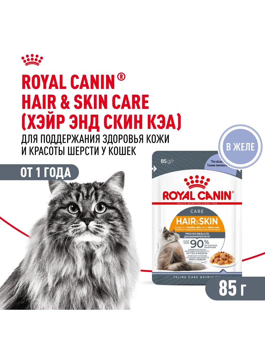 Royal canin Hair&Skin влажный корм, для кошек, для кожи и шерсти, желе 15 шт