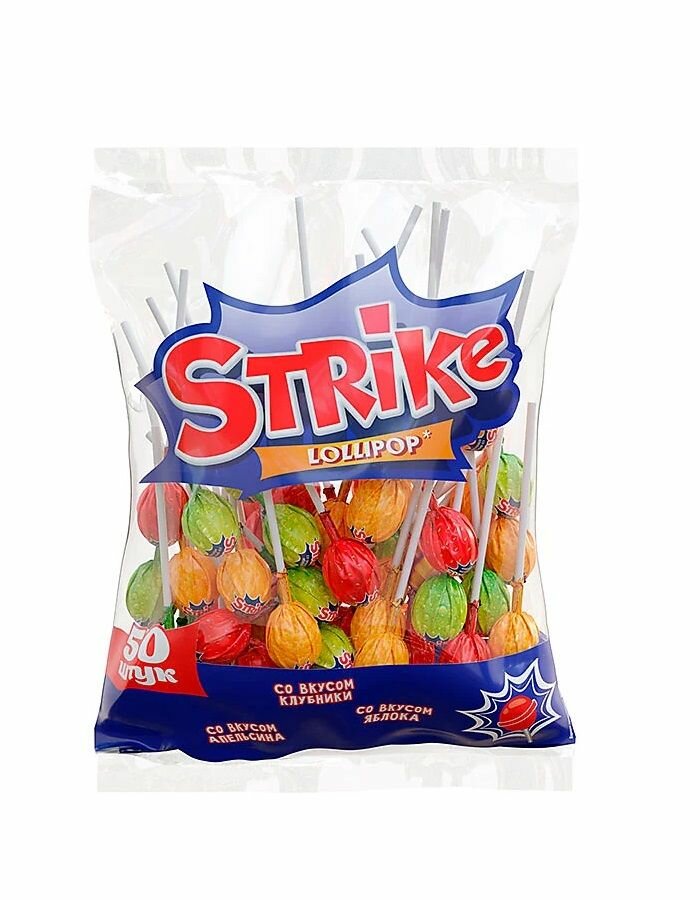 Карамель на палочке "Strike" ассорти, 50 штук, КДВ