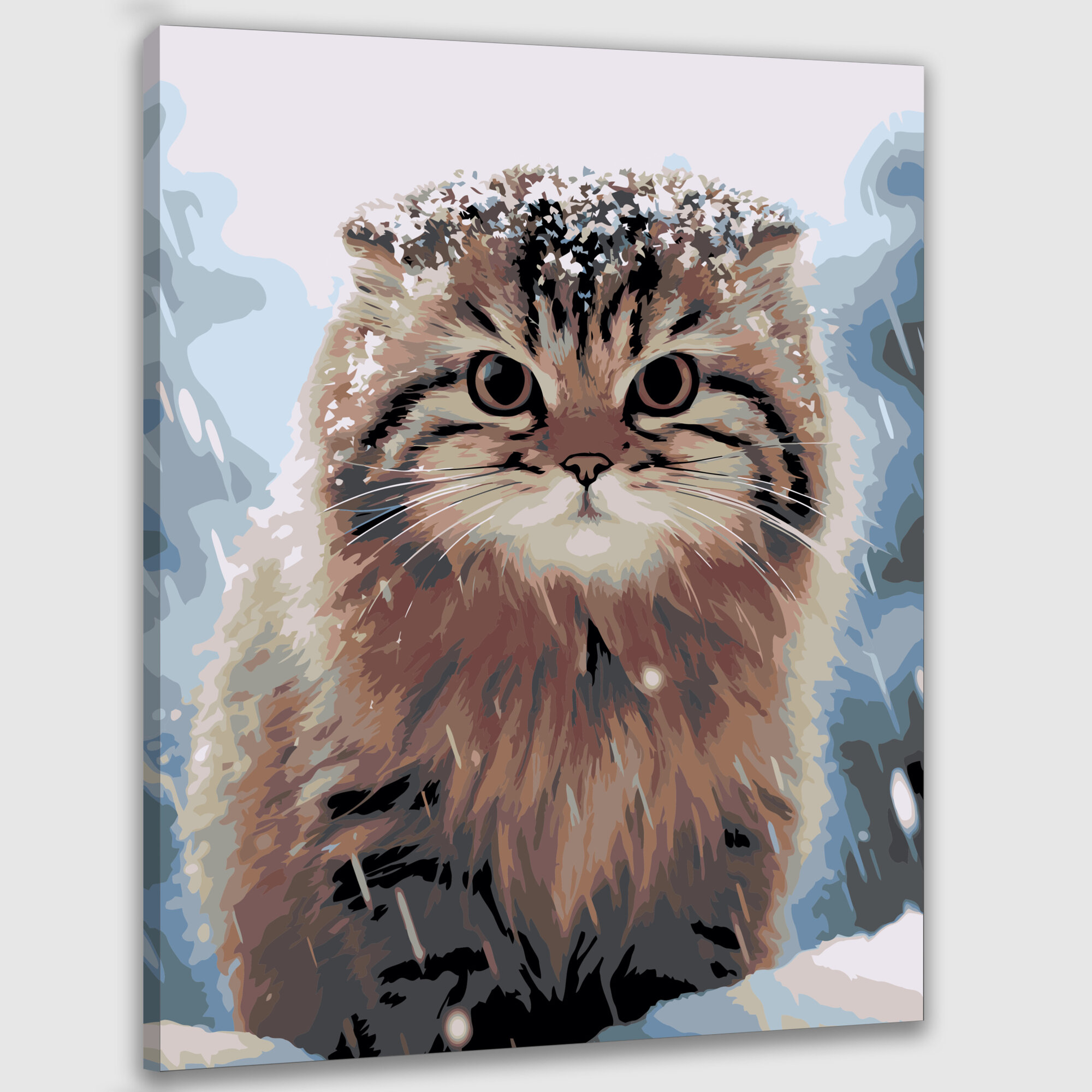 Картина по номерам 40x50 см, манул, мануловая кошка, цифровая иллюстрация, заснеженный ландшафт, желтые глаза, фон