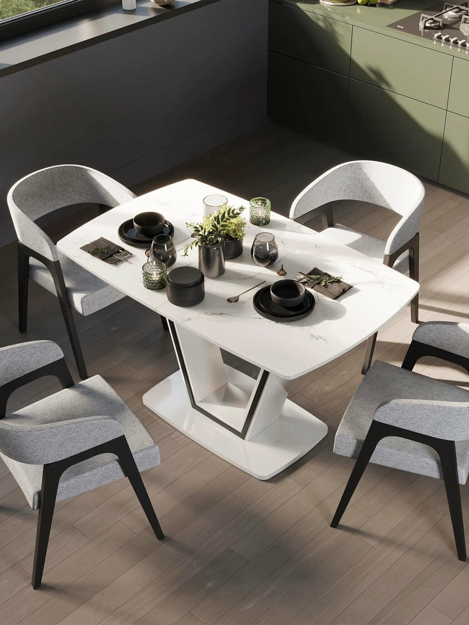 Стол обеденный Дели Тип 1 Белый глянец/Стекло матовое белый мрамор 1300(1700)х800х770 мм