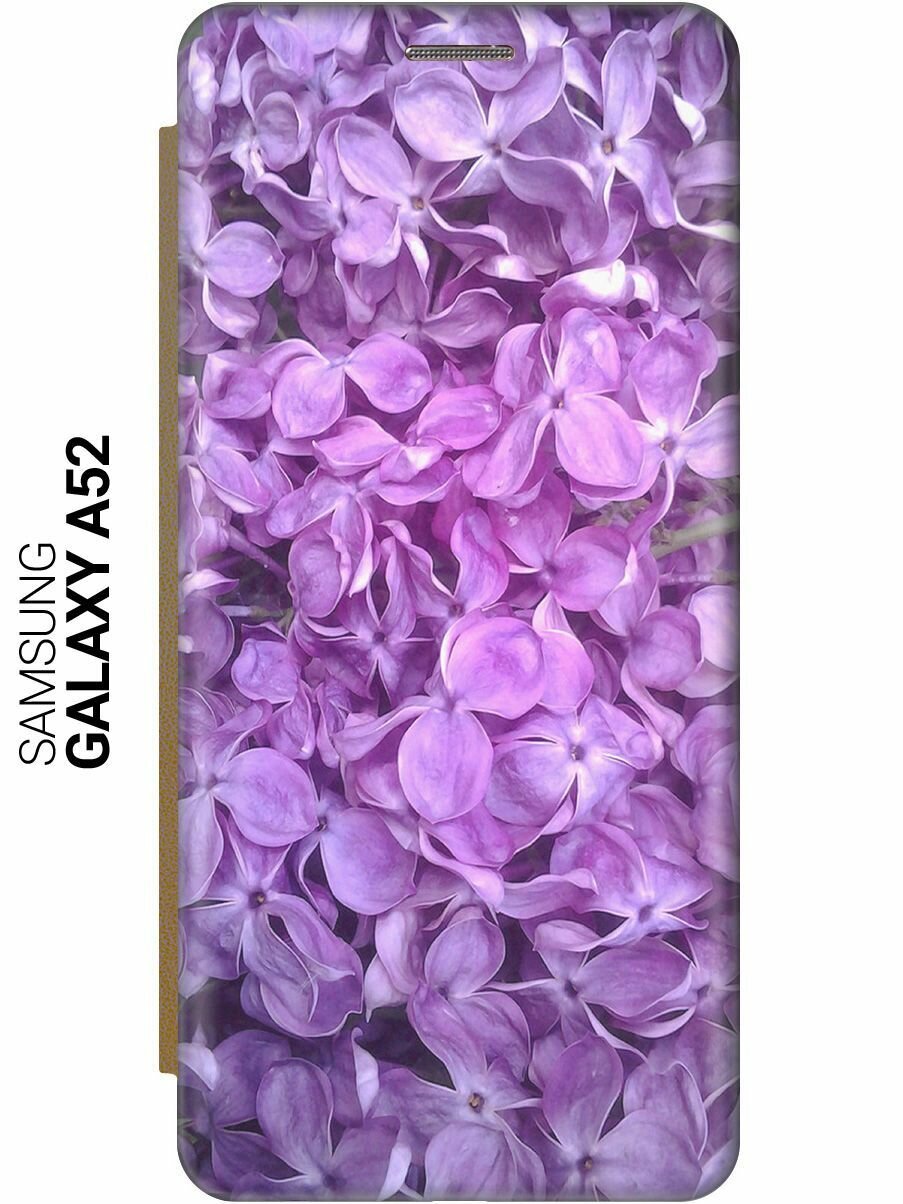 Чехол-книжка на Samsung Galaxy A52, Самсунг А52 c принтом "Цветы сирени" золотистый