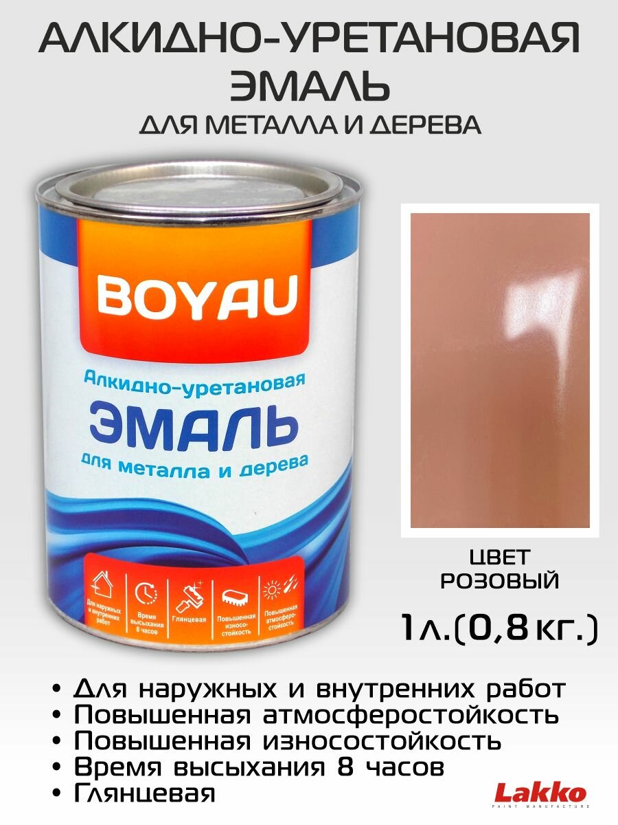 Эмаль Boyau для металла и дерева, глянцевая, алкидно уретановая, розовая, 1 л