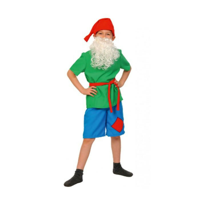 Костюм М (сказка) Гном Добряк (шорты, рубаха, колпак, борода, пояс) р.104-128 арт.5007