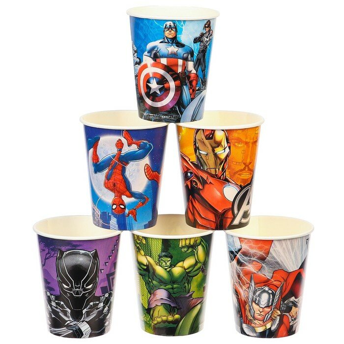 Стаканы MARVEL "Мстители", биоразлагаемые, бумага, 250мл, 6шт