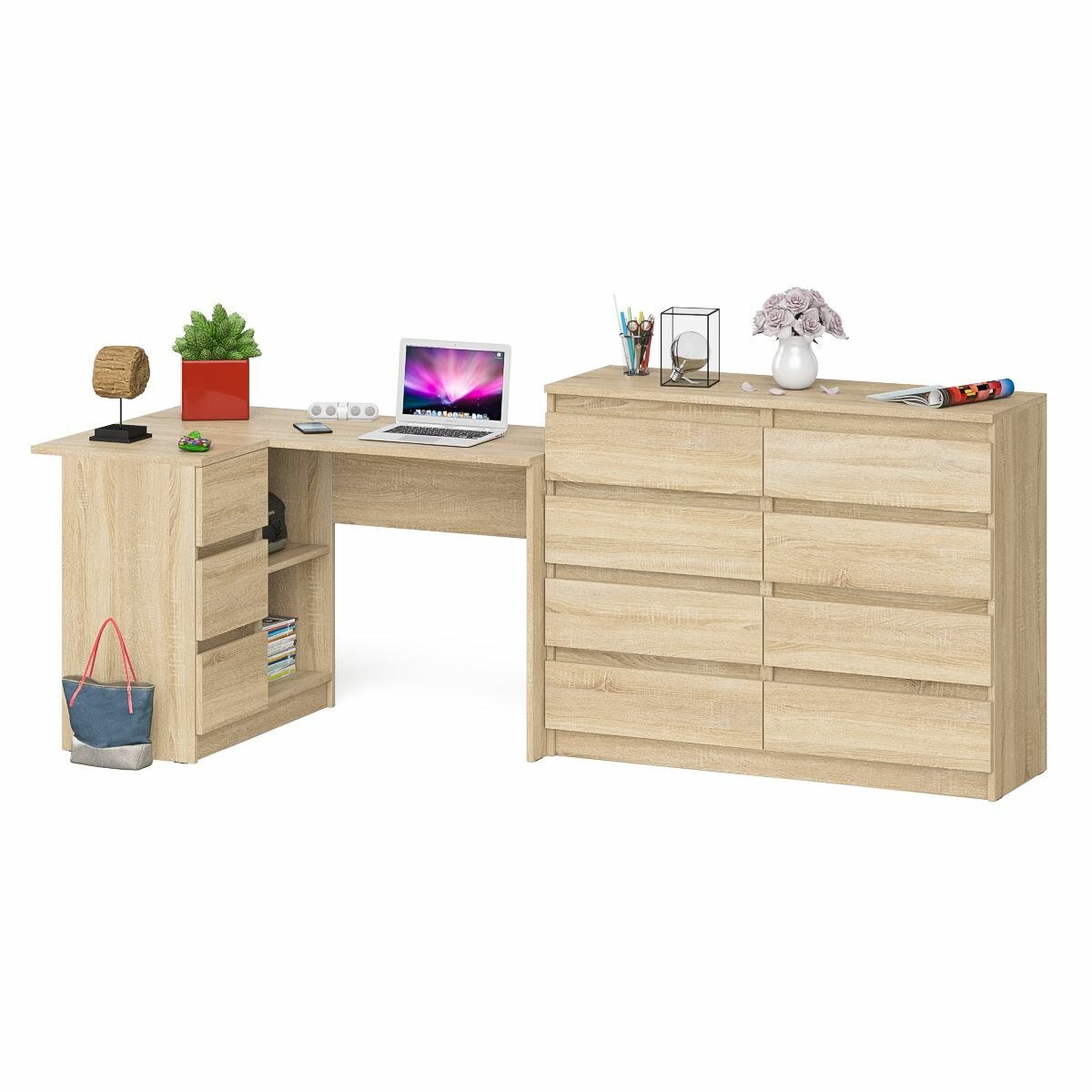Стол компьютерный СВК Мори МС-16 левый с комодом 8-мь ящиков цвет дуб сонома, 244,8х84,9х94 см.