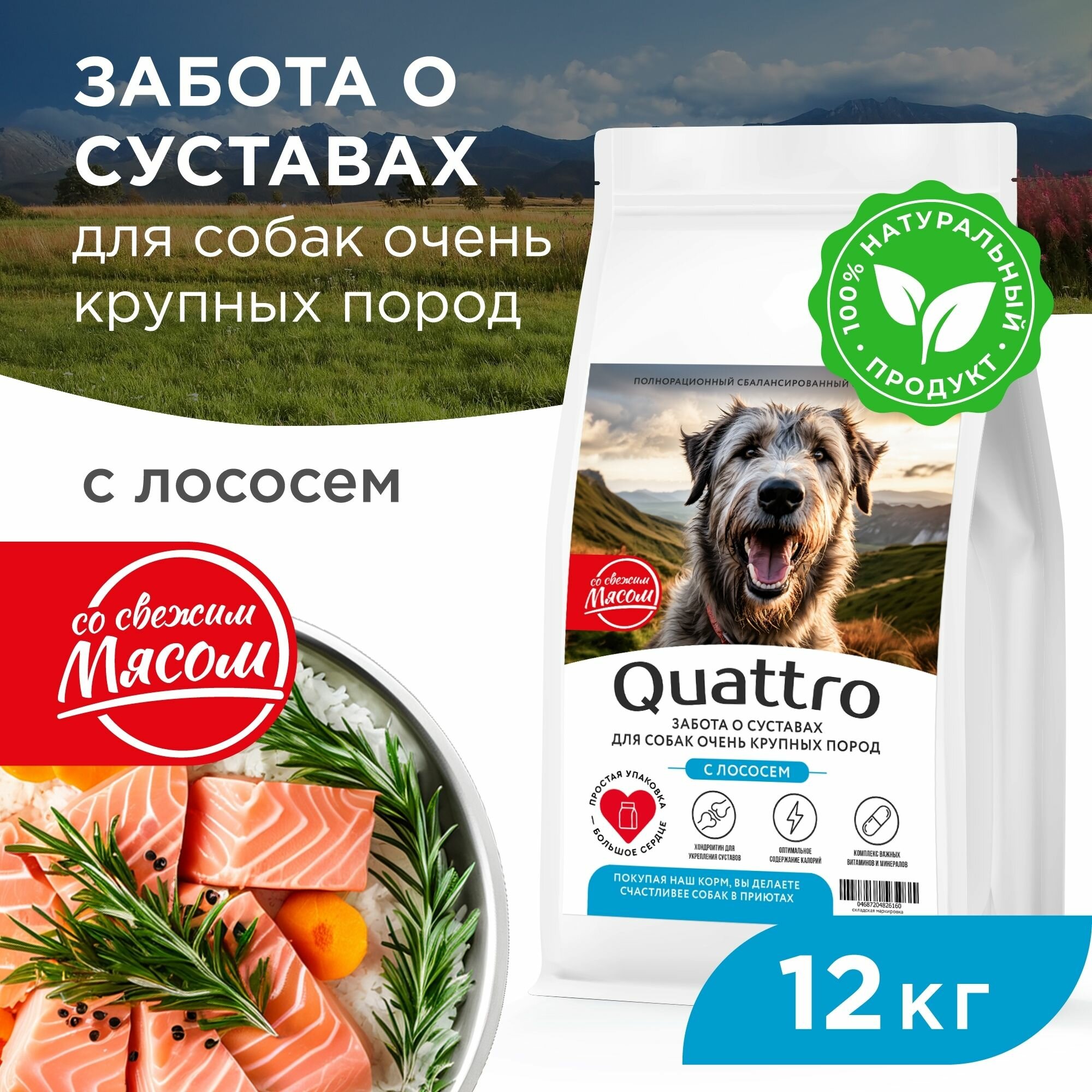 Корм сухой для взрослых собак очень крупных пород, премиум полнорационный комплекс, забота о суставах, с лососем, 12 кг, QUATTRO