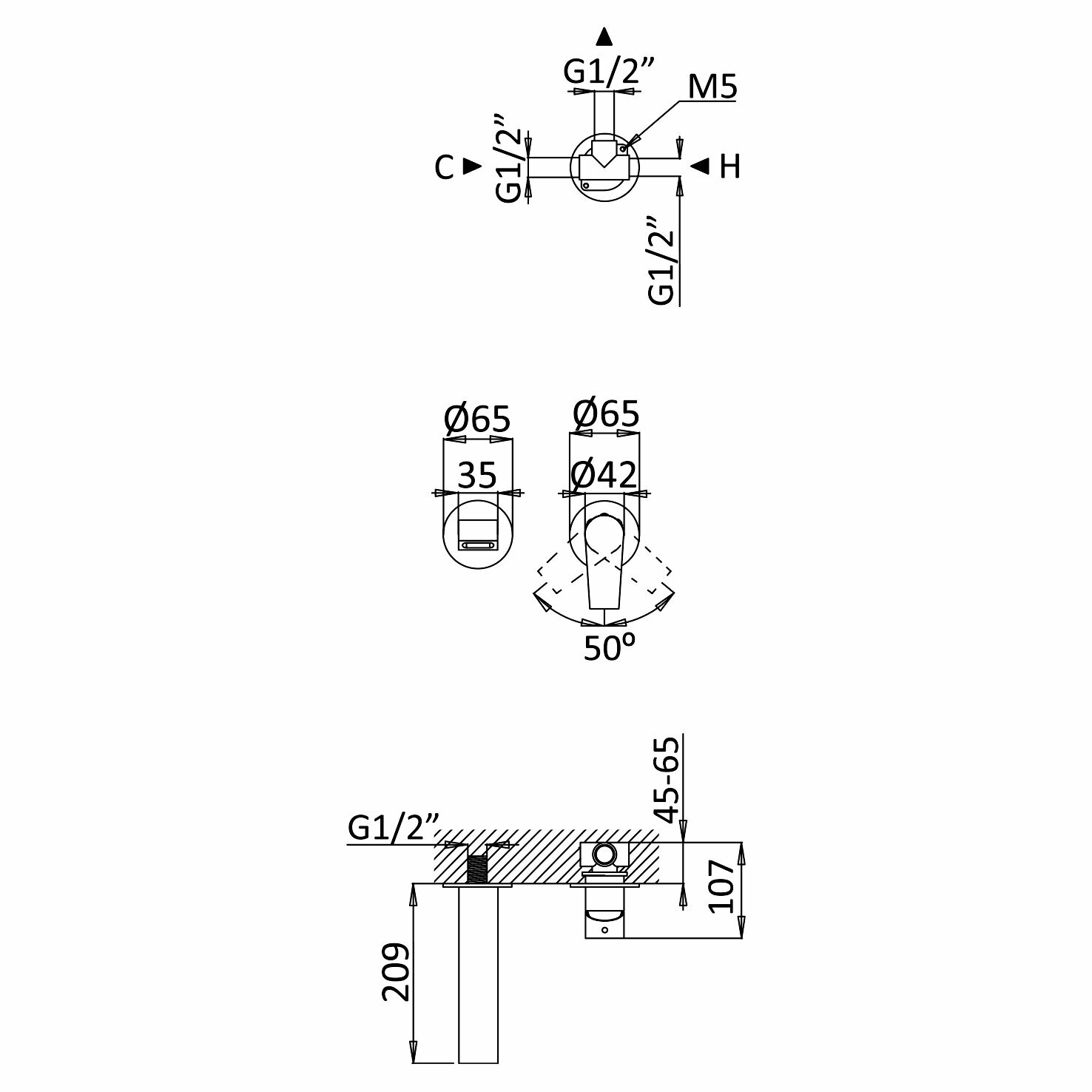 Смеситель для раковины настенный встроенный на 2 отверстия BRUMA NAUTIC 181 840 1MG сталь оружейная