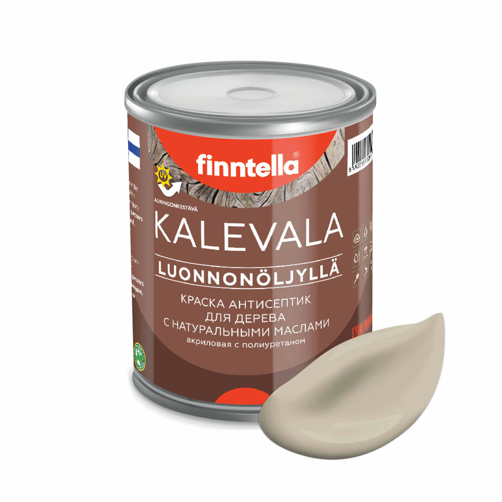Краска для дерева и деревянных фасадов FINNTELLA KALEVALA, с натуральным маслом и полиуретаном, цвет JOLIE (бежевый теплый) , 0,9л