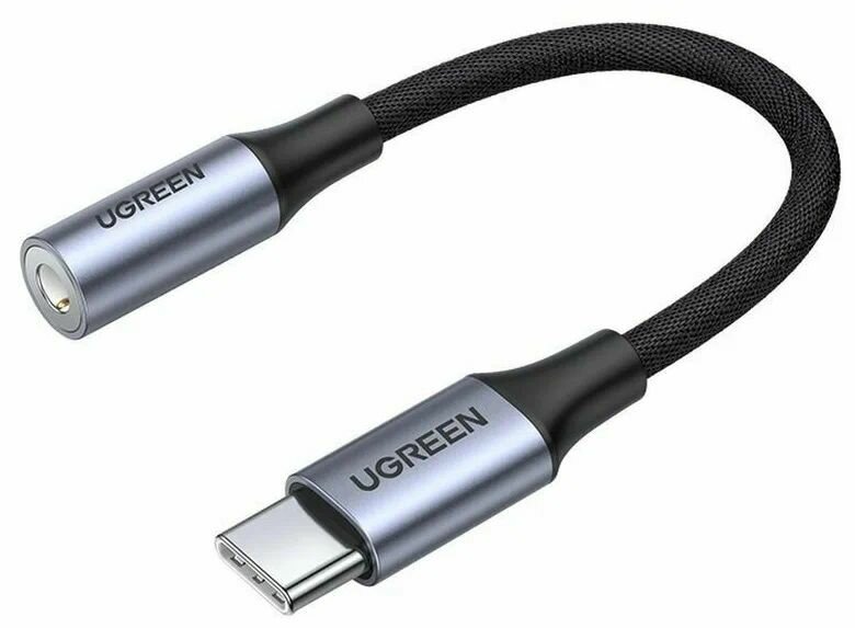 Аудиоадаптер Ugreen USB C - AUX Jack 3.5 мм (f) с чипом DAC (ЦАП), в оплетке, цвет серый, 10 см (80154)