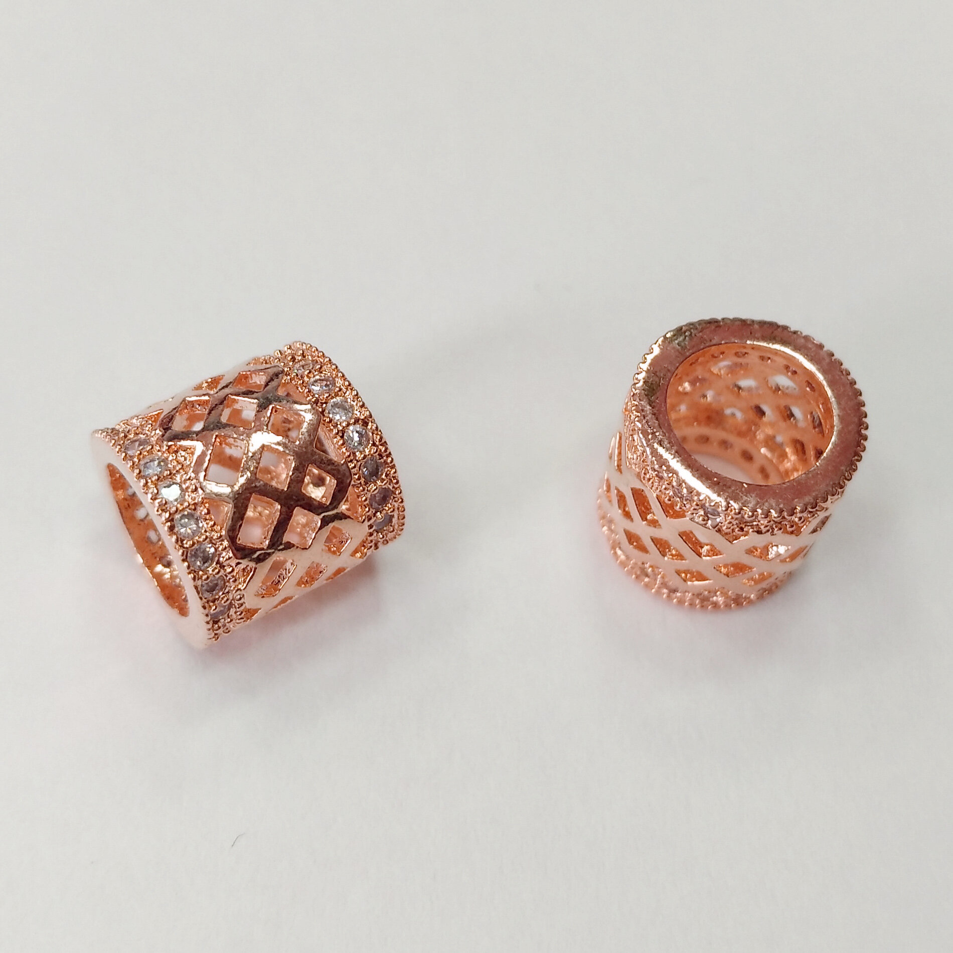 Бусина металлическая 8.3х7.8мм, Milano, Цилиндр резной, с фианитами, базовый материал - латунь, под розовое золото, 1 шт.