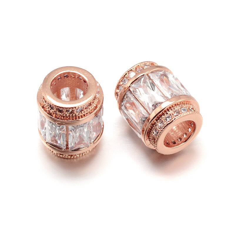 Бусина металлическая, 12х9.5мм, Milano, Цилиндр с крупными фианитами, базовый материал - латунь, под розовое золото, 1 шт.