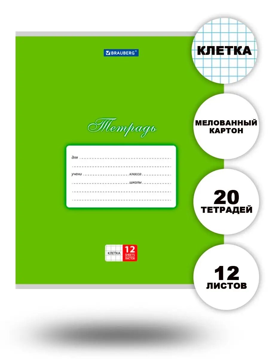 Тетрадь Brauberg "Школьная", клетка, формат A5, 12 листов, на скрепке, 20 штук