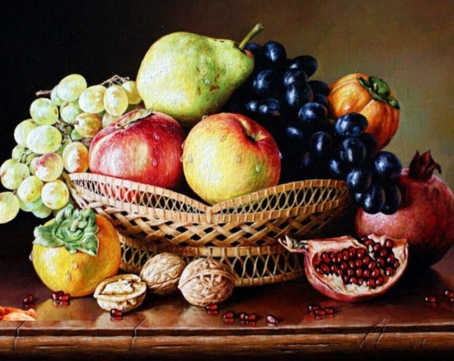 Алмазная мозаика на подрамнике/ Картина стразами/ Алмазное хобби "Натюрморт. Фрукты в корзине" 40х50 см, сложность 5, цветов 22/ Komas