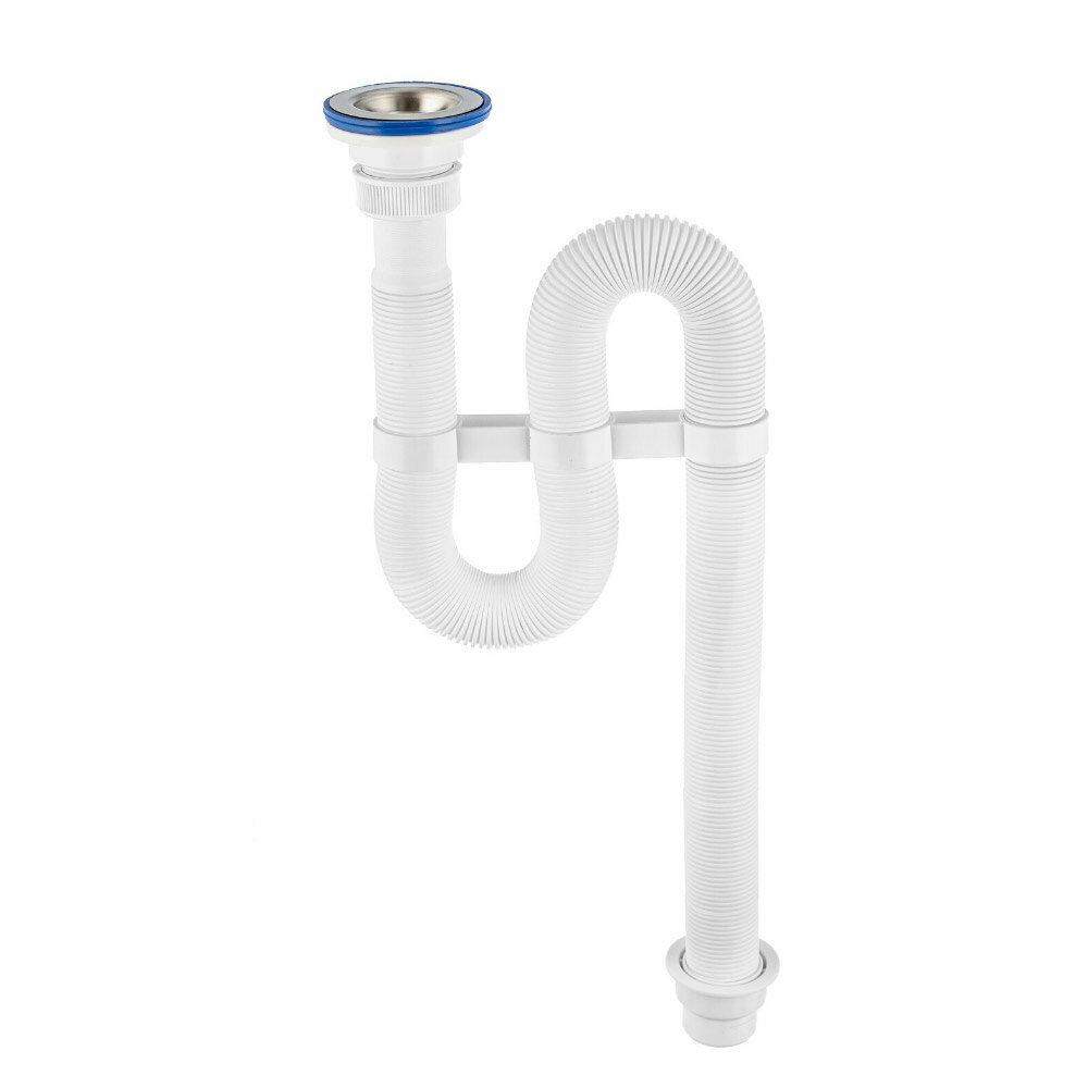 Сифон гофрированный VIR 1 1/4 х 50/40 мм, нерж. чашка D70 мм, L900 мм с усиленным хомутом жёсткости