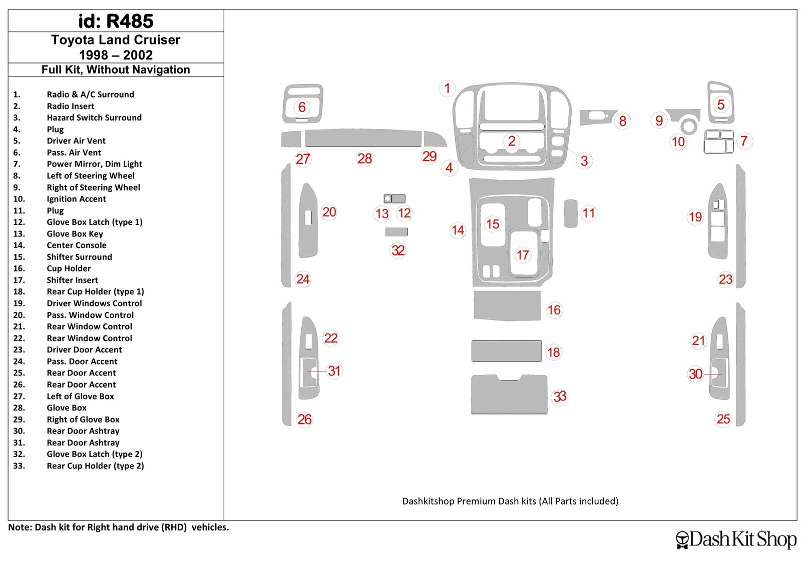 Накладки салона под дерево, карбон, алюминий для Toyota Landcruiser 1998-2002. Комплект R485.