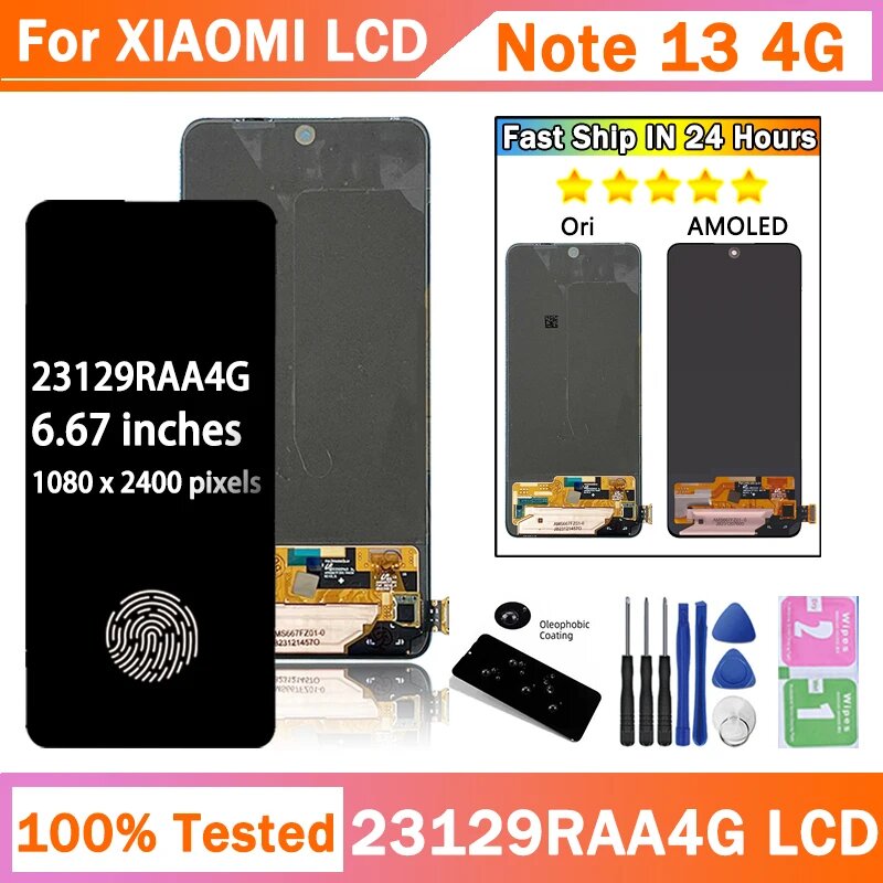 6,67 "AMOLED для Xiaomi Redmi Note 13 4G ЖК-дисплей с цифровым преобразователем сенсорного экрана в сборе для Redmi Note 13 4G 23129RAA4G 23124RA7EO AMOLED Black Frame