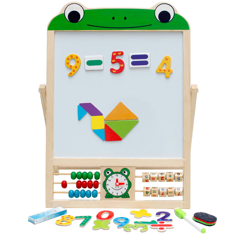 Детская доска для рисования, маленькая магнитная доска, на подставке, для домашнего использования, двусторонняя, с набором цветных карандашей для рисования, складная, подходит для детей 3-6 лет.