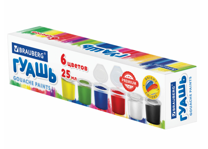 Гуашь BRAUBERG "PREMIUM", 6 цветов по 25 мл, 191699