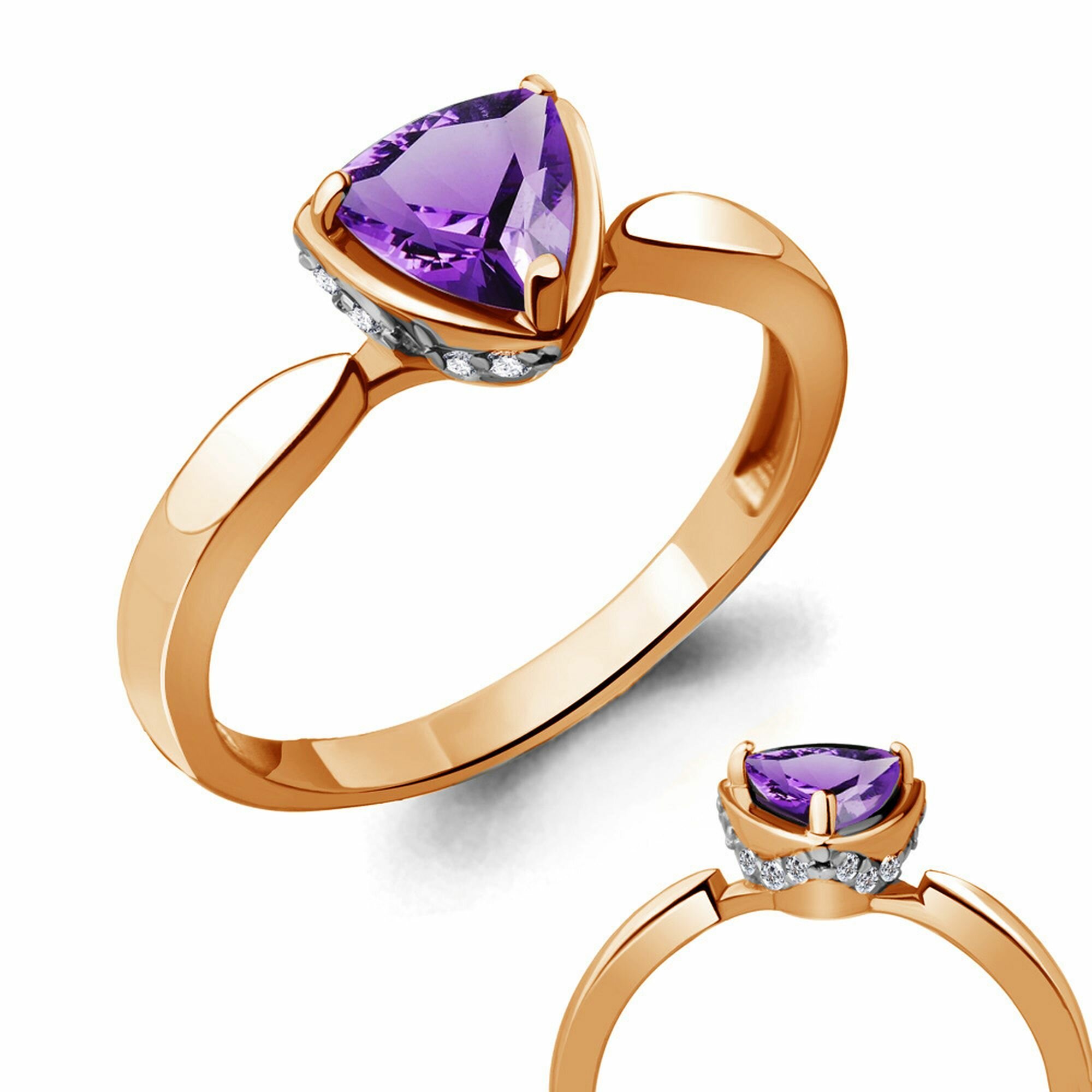 Кольцо, серебро, 925 проба, золочение, фианит, аметист