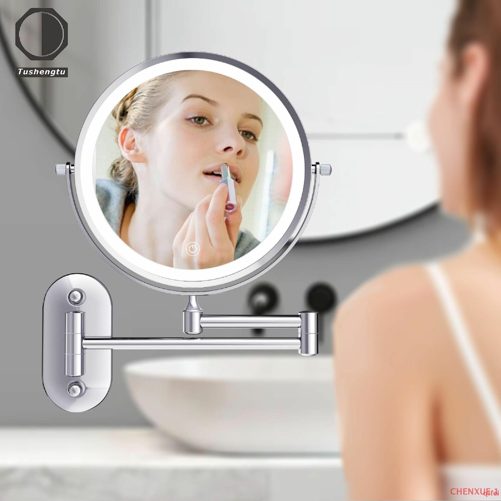 TUSHENGTU Косметическое зеркало с подсветкой, настенное зеркало для бритья в ванной комнате, 8 дюймов, 10-кратное увеличение, никель, перезаряжаемый светодиод