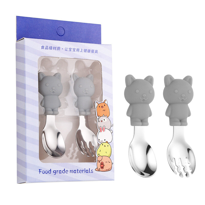 Набор детских ложки и вилки из нержавеющей стали 304 с серым медведем, детское питание, 2 предмета