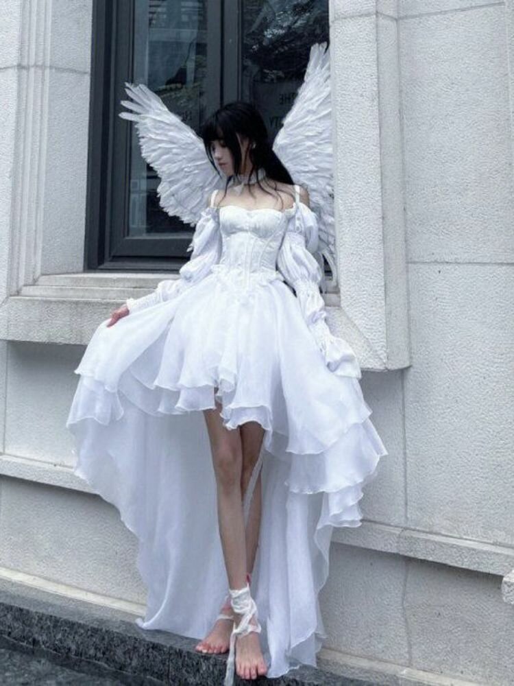 Элегантное белое платье с открытыми плечами, женское платье с пышными сетчатыми рукавами