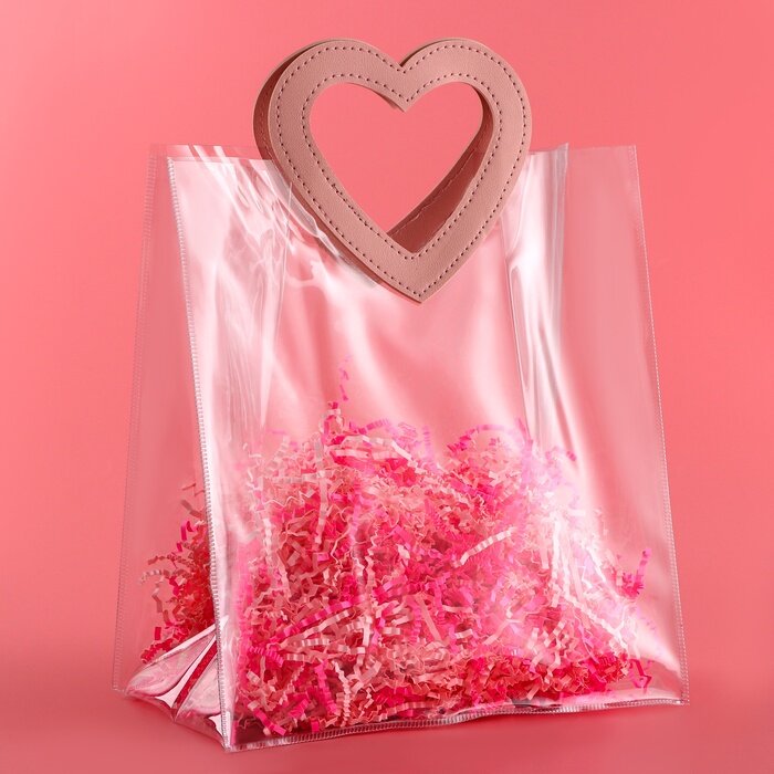 Пакет подарочный из ПВХ, прозрачный, розовые ручки, 25×28×15