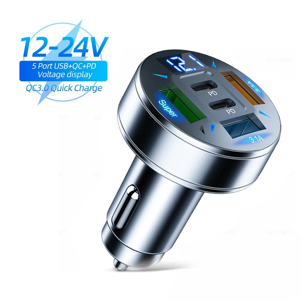 250 Вт 5-портовое автомобильное зарядное устройство PD QC3.0 USB C Автомобильное зарядное устройство для телефона Автомобильный прикуриватель Быстрая зарядка с цифровым дисплеем напряжения