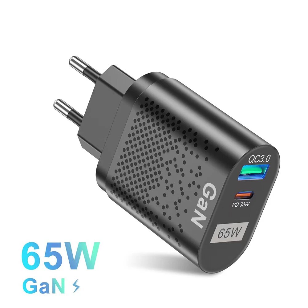 GaN зарядное устройство для телефона PD33W + USB QC3.0 33W = 65W Type-C Быстрая зарядка 5V/6.6A 9V/3A 12V/2.75A 20V/1.67A Макс адаптер США/ЕС/штепсельная Вилка стандарта Великобритании B EU Plug Black