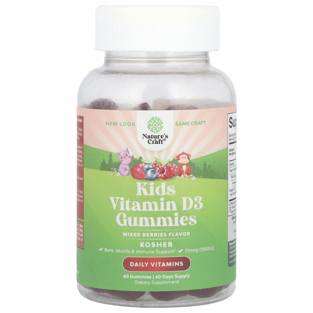 Nature's Craft, Жевательные таблетки с витамином D3 для детей, ягодное ассорти, 25 мкг (1000 МЕ), 60 жевательных таблеток