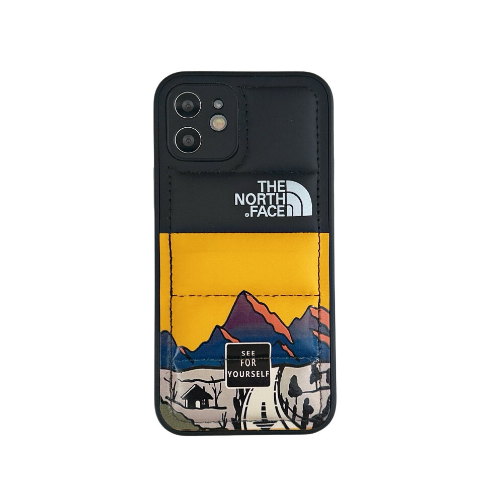Чехол для iPhone 12 черный / желтый силиконовый дутый пуховик North Face