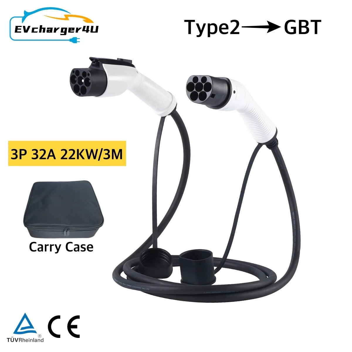 EVcharger4U Type2 к GBT Кабель для зарядки EV 1 фаза/3 фазы 32A 7 кВт 22 кВт Шнур для электромобиля типа 2 GB/T для зарядной станции 3P 32A 22KW B