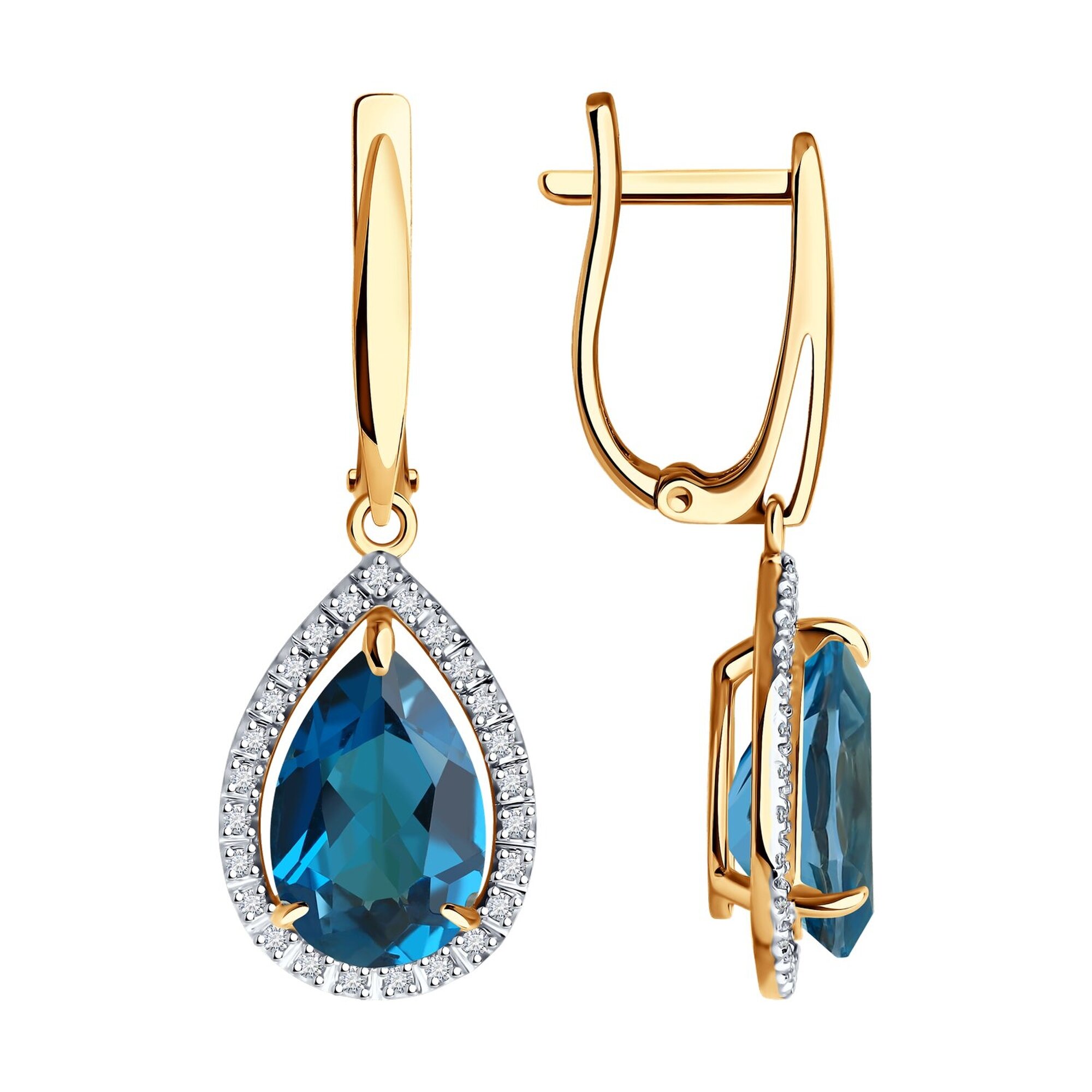 Серьги, красное золото, 585 проба, фианит, Лондон топаз