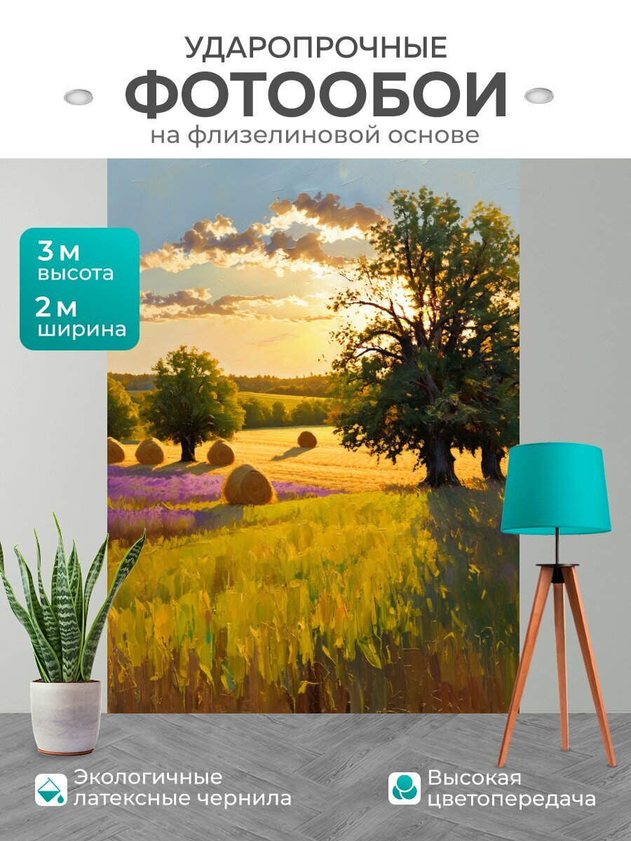 Фотообои моющиеся ударопрочные "Прованс изображают летний вечер, когда свет солнца затягивается за горизонтом, а деревья отбрасывают длинные тени" 200x300 см. флизелиновые на стену