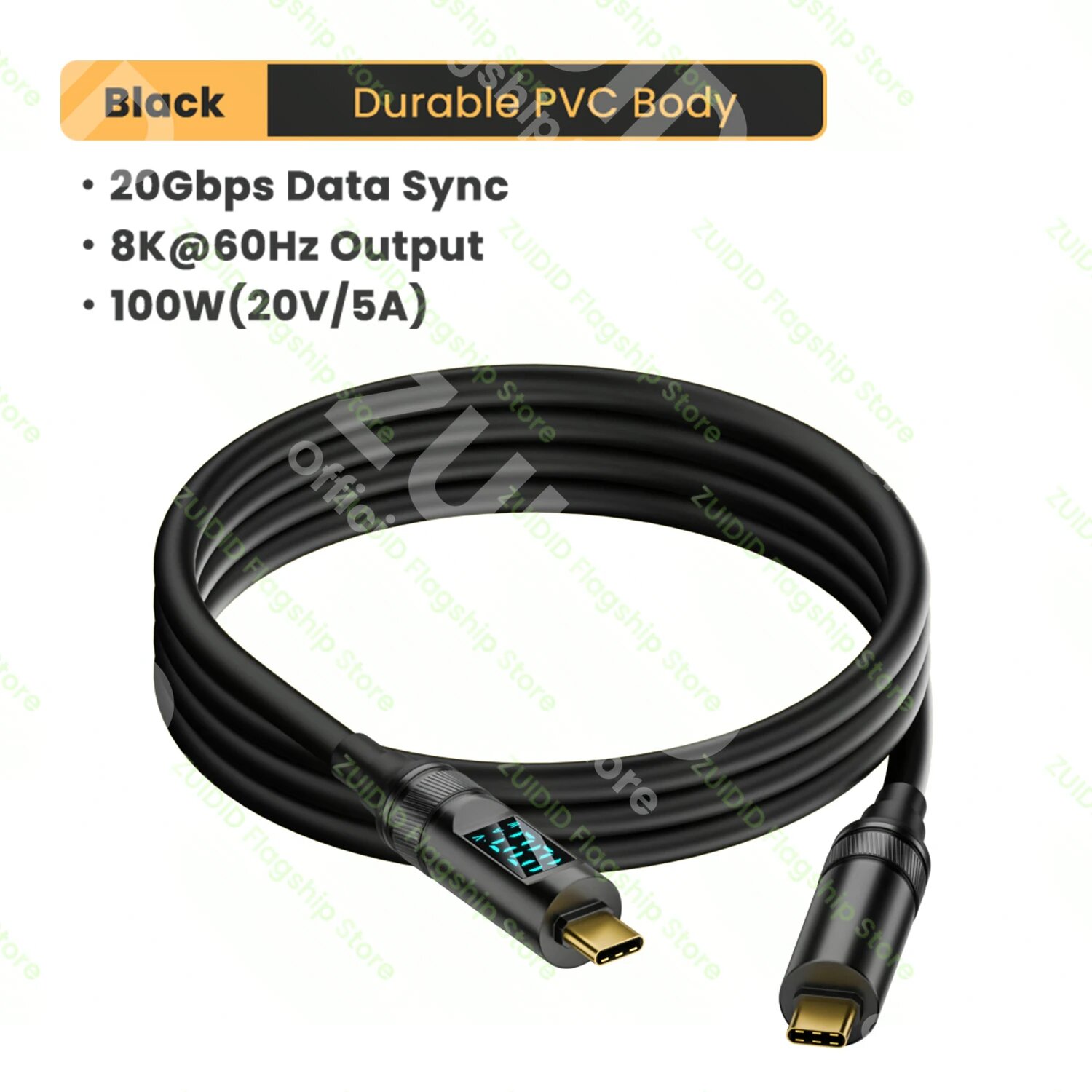 Светодиодный дисплей USB3.2 10 Гбит/с USB C к Type C ThunderBolt 3 Кабель 100 Вт 5A USB-C Шнур для iPhone 15 Pro MacBook Pro Samsung Xiaomi 2 м 2M, Black PVC Cable