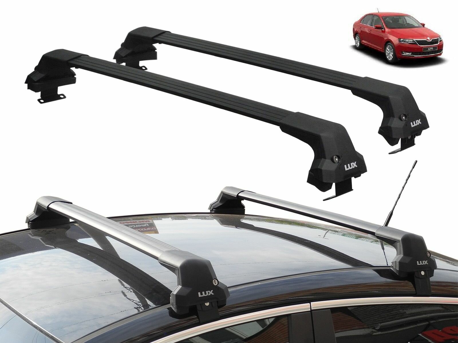 Багажник на крышу Шкода Рапид (Skoda Rapid 2017-, liftback), Lux City (без выступов), с замком, черные крыловидные дуги