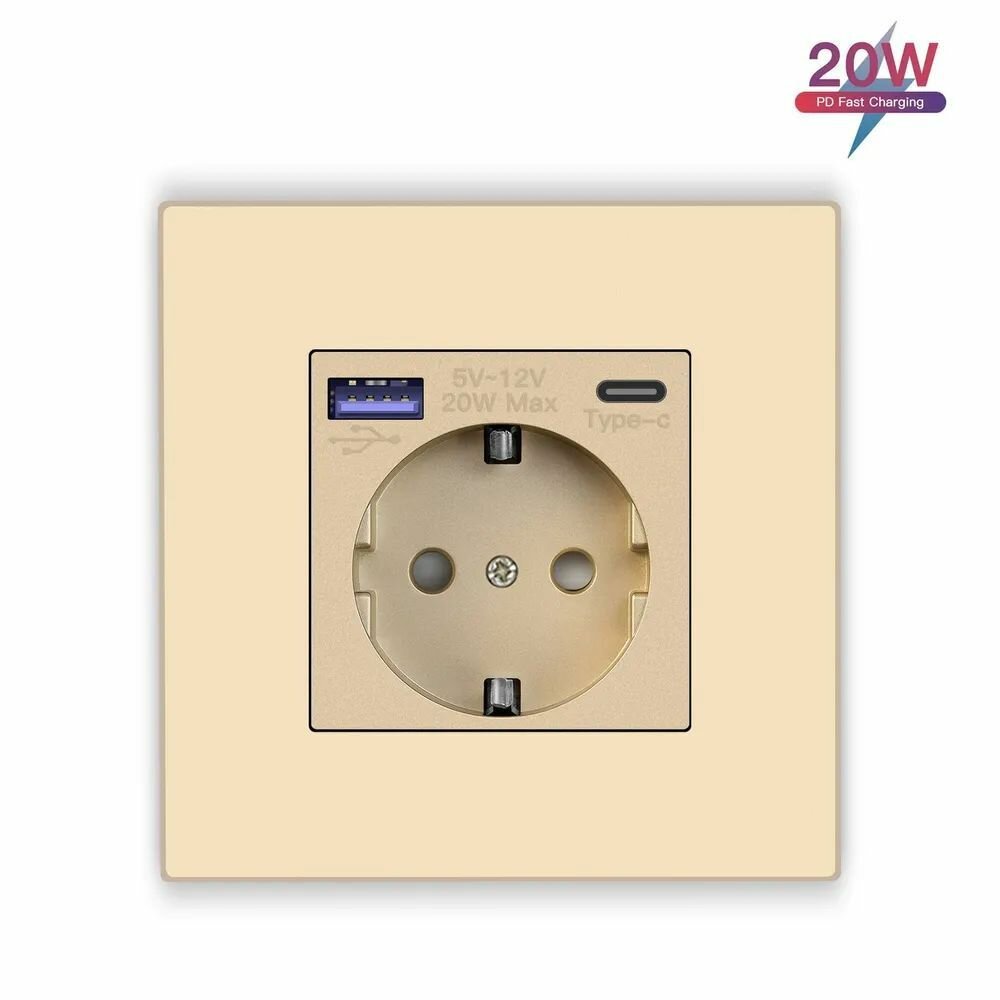 Розетка электрическая 1 пост с Usb/Type-C АC, быстрая зарядка 20W, рамка пластик, цвет золото