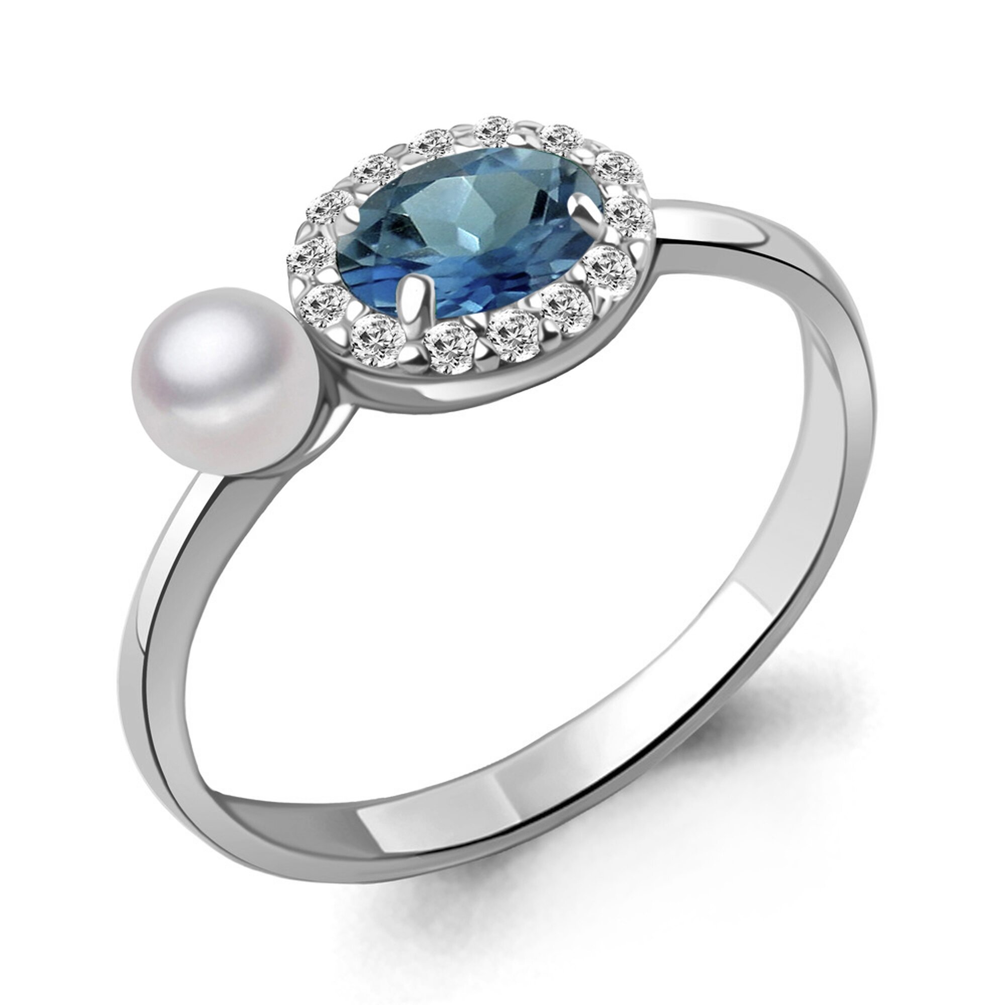 Кольцо, серебро, 925 проба, родирование, Лондон топаз, жемчуг, фианит