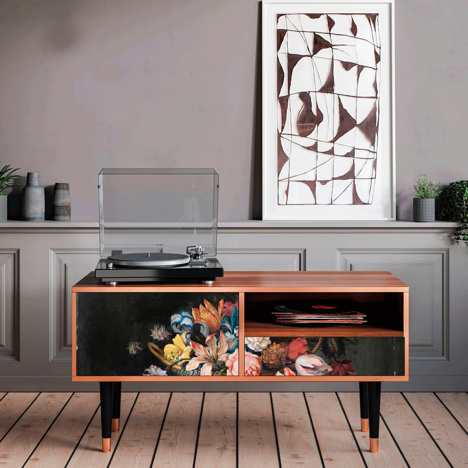 ТВ-Тумба - STORYZ - T3 Still Life with Flowers and Shells by Balthasar van der Ast, Размер - 115 x 59 x 48 см, Цвет корпуса - , Орех