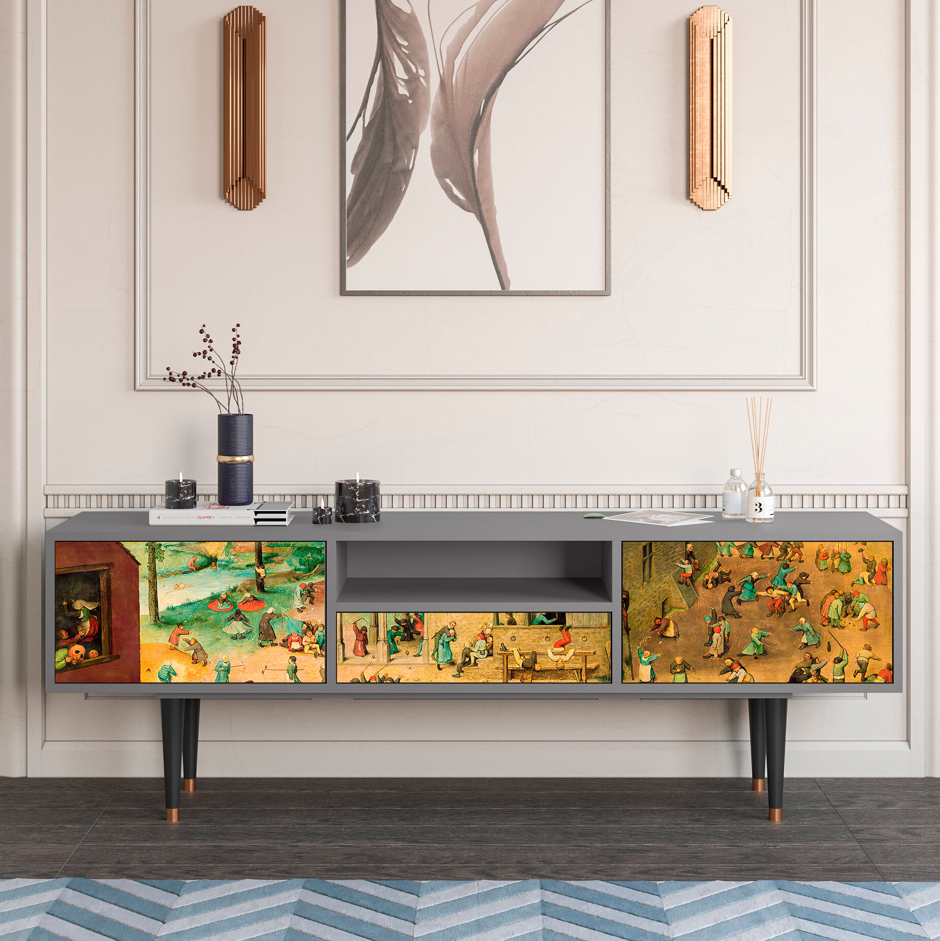 ТВ-Тумба - STORYZ - T6 Children's Games by Pieter Bruege, Размер - 170 x 69 x 41 см, Цвет корпуса - , Серый