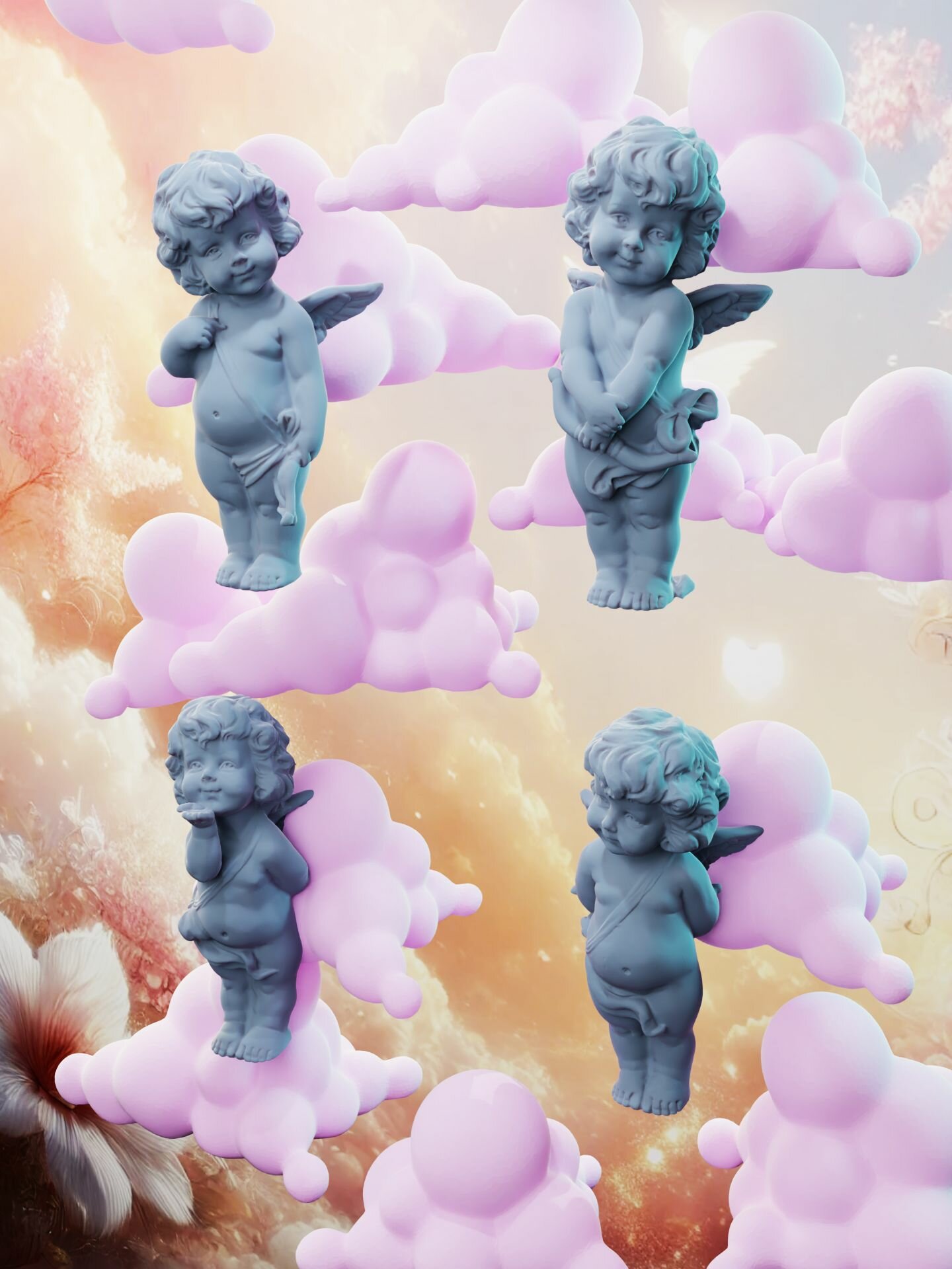 Фигурки Ангелы, Купидоны, Амуры 4.5 см Набор1 4шт (Серая, сборная, предназначена для самостоятельной покраски)