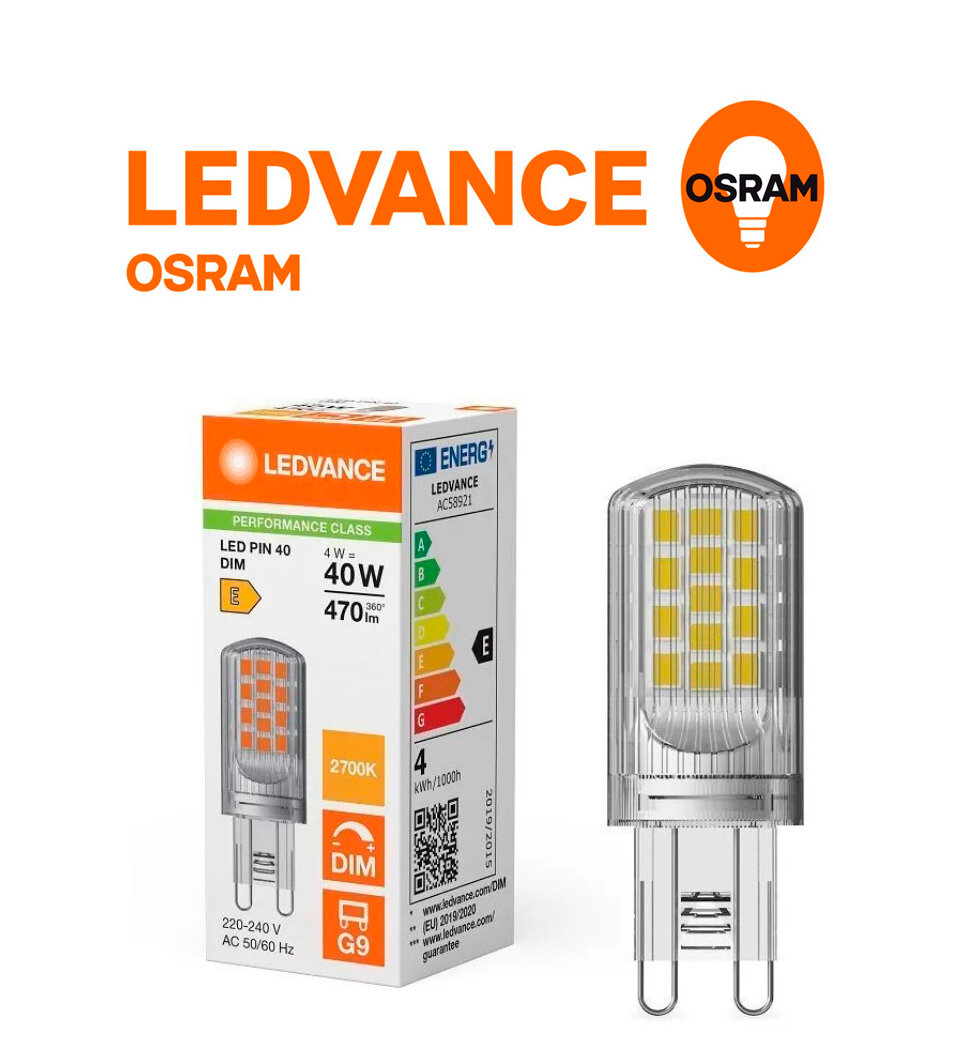 1шт/уп. Лампа LED Капсула 4W 230V G9 PIN DIM Диммируемая 470Лм d18x49 Угол 360 град. 2700К Свет Теплый белый LEDVANCE-OSRAM, уп. 1шт