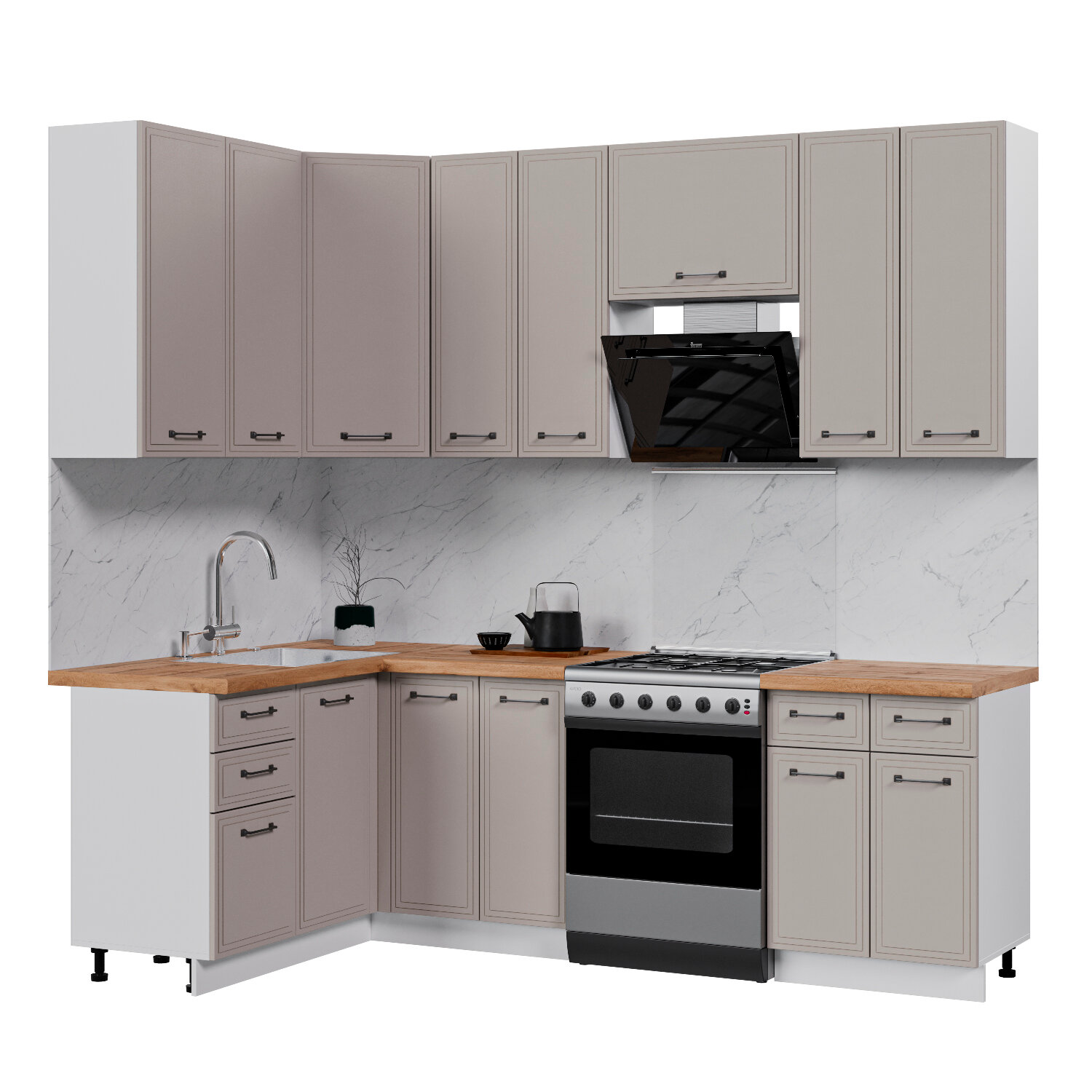 Кухонный гарнитур угловой высокий, без столешницы, Кухня Индира 140х240см h=2370мм, Белый/Дюна