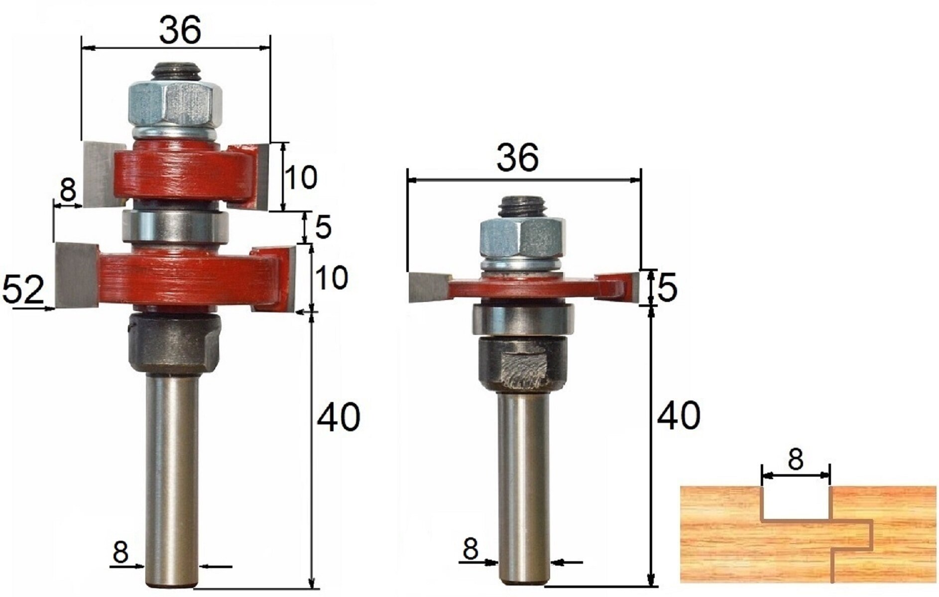 Фрезы для вагонки STS профиль ПО дереву для ручного фрезера, диаметр хвостовика 8 ММ, комплект из 2-Х единиц
