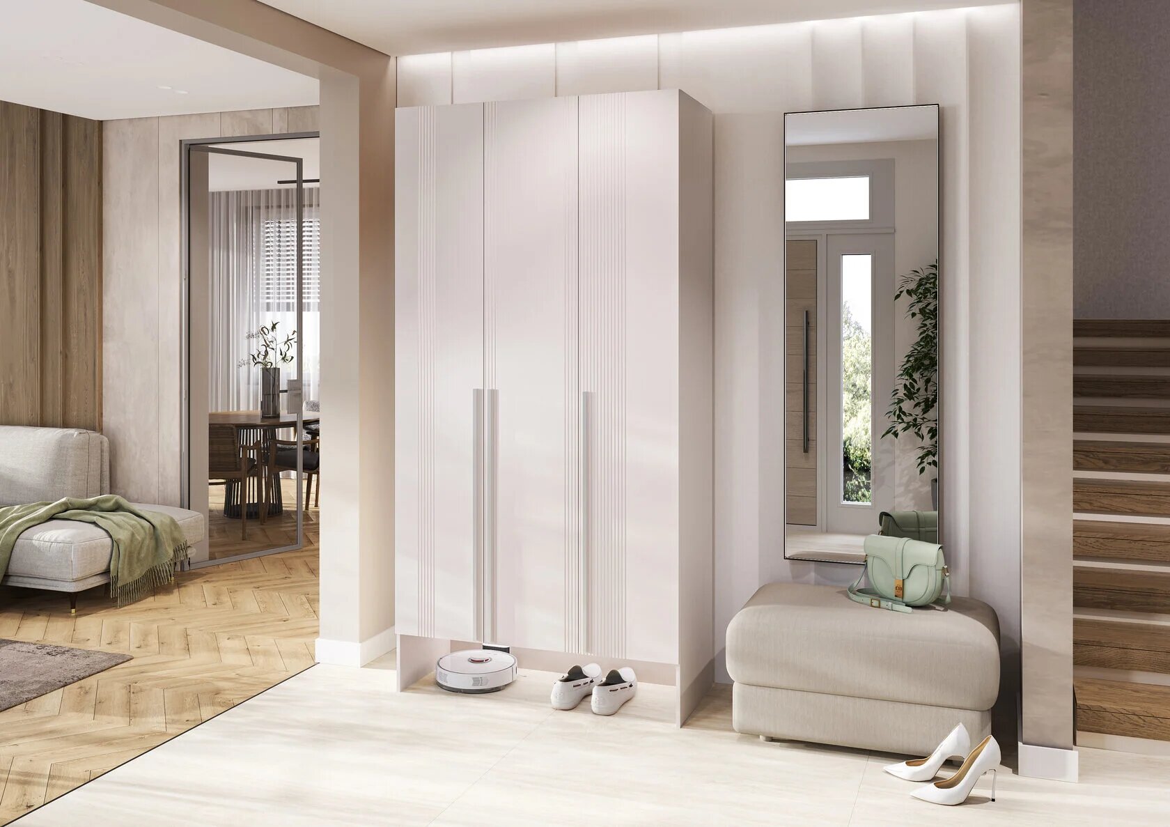 Прихожая Миф Луна с подсветкой Шкаф 3-х ств. цвет Кашемир, 1200х2400х520 мм